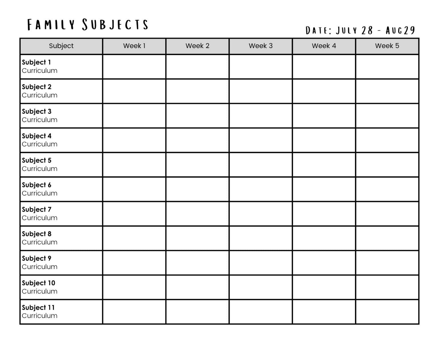 Family Subjects Chart | Editable - Simply Learning Together